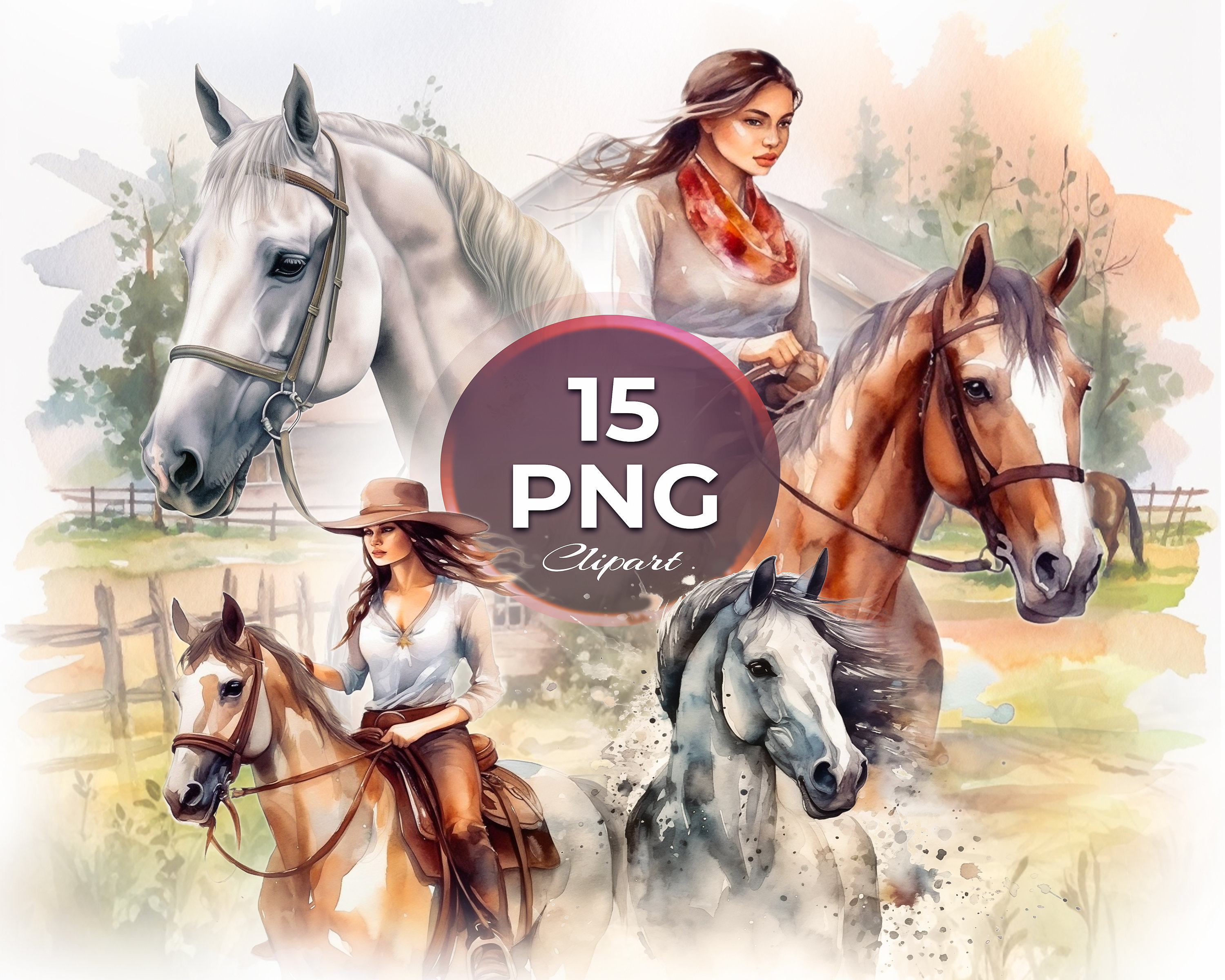 Horse Watercolor Clipart PNG Horses Horse Rider Barn Cottage - Etsy