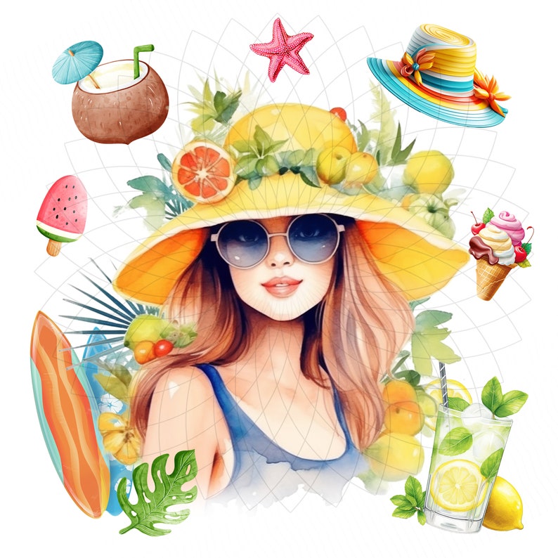 Summer Clipart Watercolor Clipart PNG Seasonal Sun Beach Ice Cream ...