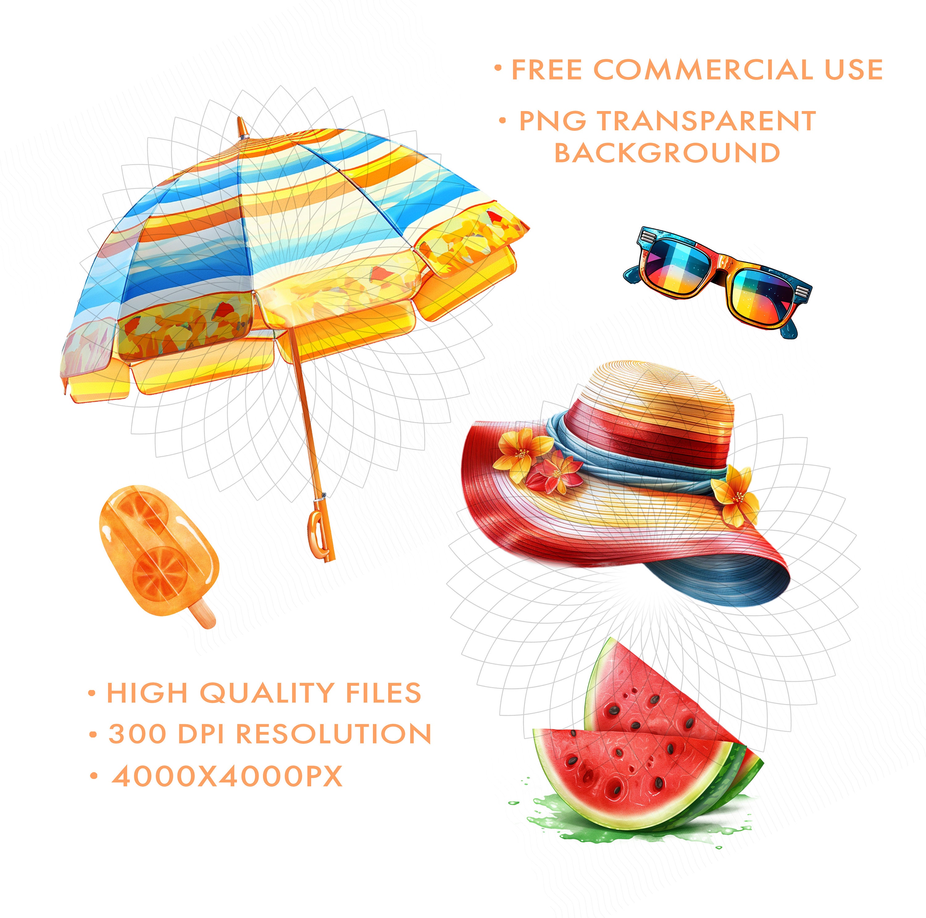 Summer Clipart Watercolor Clipart PNG Seasonal Sun Beach Ice Cream ...