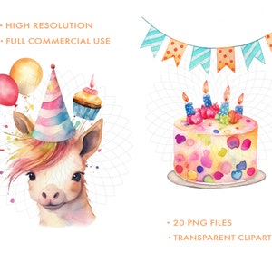 Happy Birthday Clipart Watercolor PNG Animals Balloons Cake Birthday ...