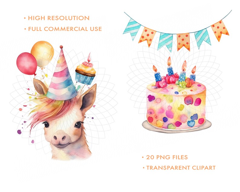 Happy Birthday Clipart Watercolor PNG Animals Balloons Cake Birthday ...