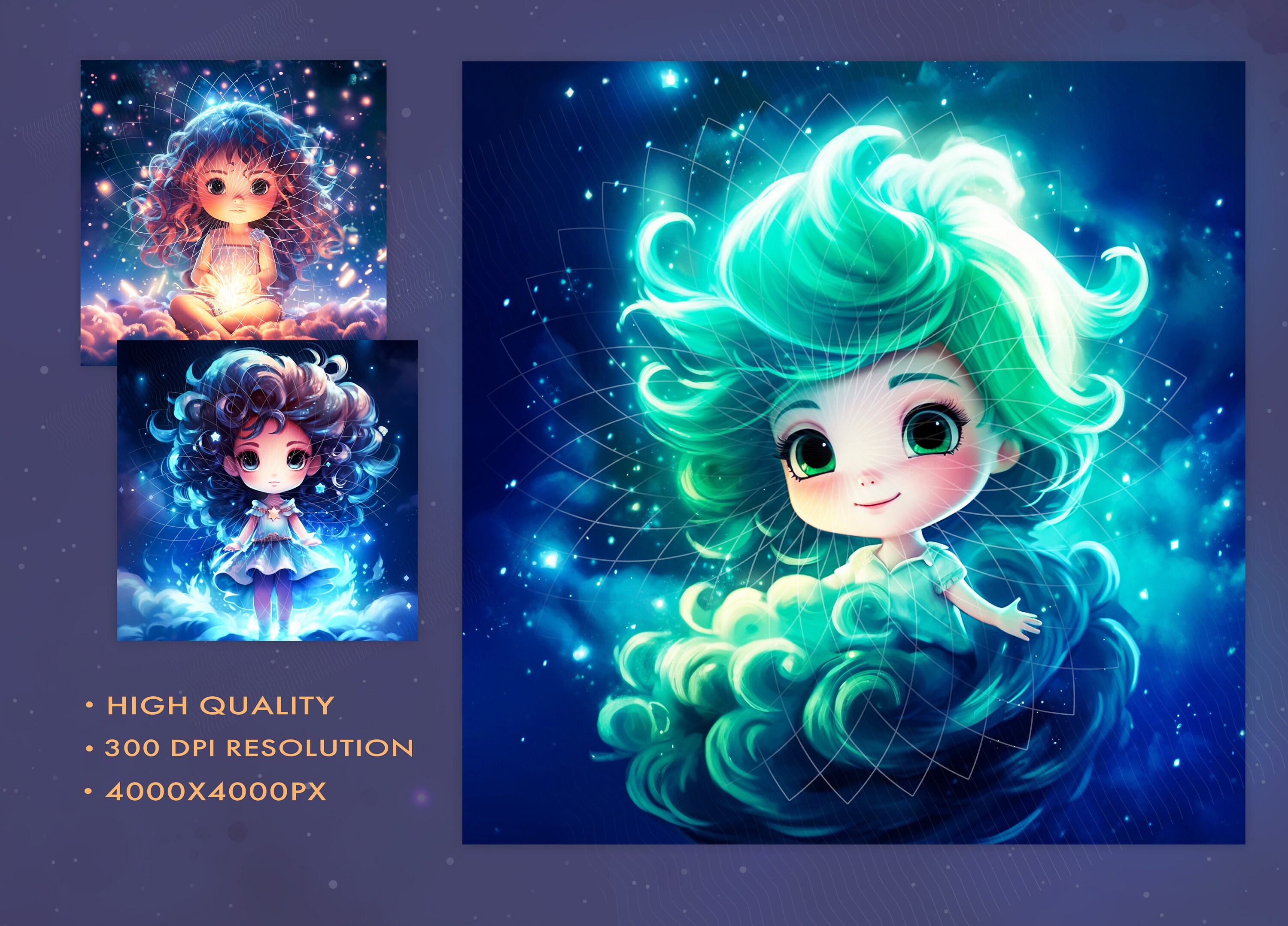 Chibi Girls Cute Princesses in Space Watercolor Clipart Anime Girl ...