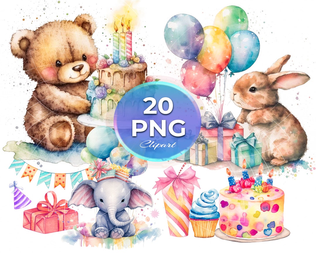 Happy Birthday Clipart Watercolor PNG Animals Balloons Cake Birthday ...