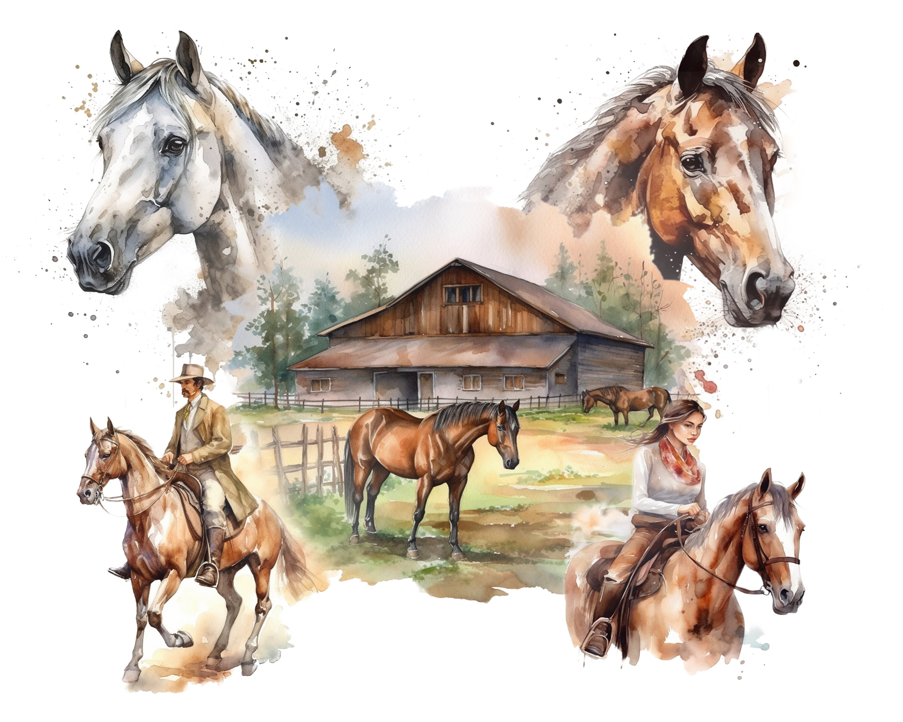 Horse Watercolor Clipart PNG Horses Horse Rider Barn Cottage - Etsy