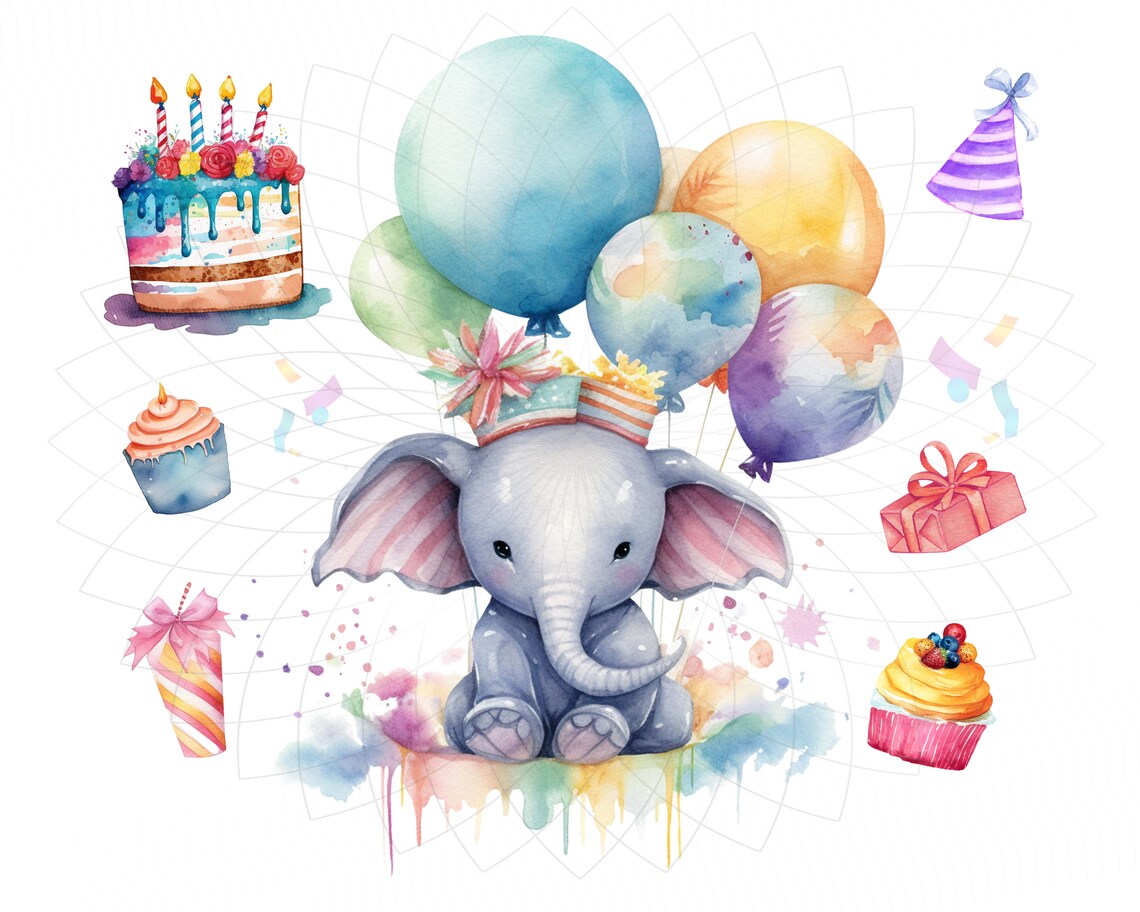Happy Birthday Clipart Watercolor PNG Animals Balloons Cake Birthday ...