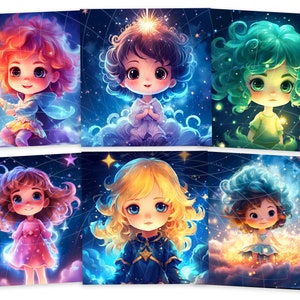 Chibi Girls Cute Princesses in Space Watercolor Clipart Anime Girl ...