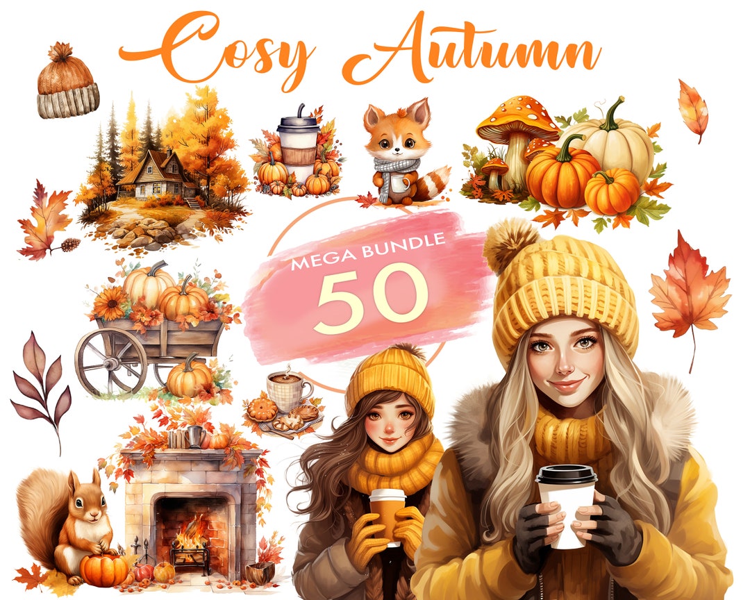 Autumn Clipart PNG Cozy Autumn Fall Watercolor Cute Animals Graphics ...