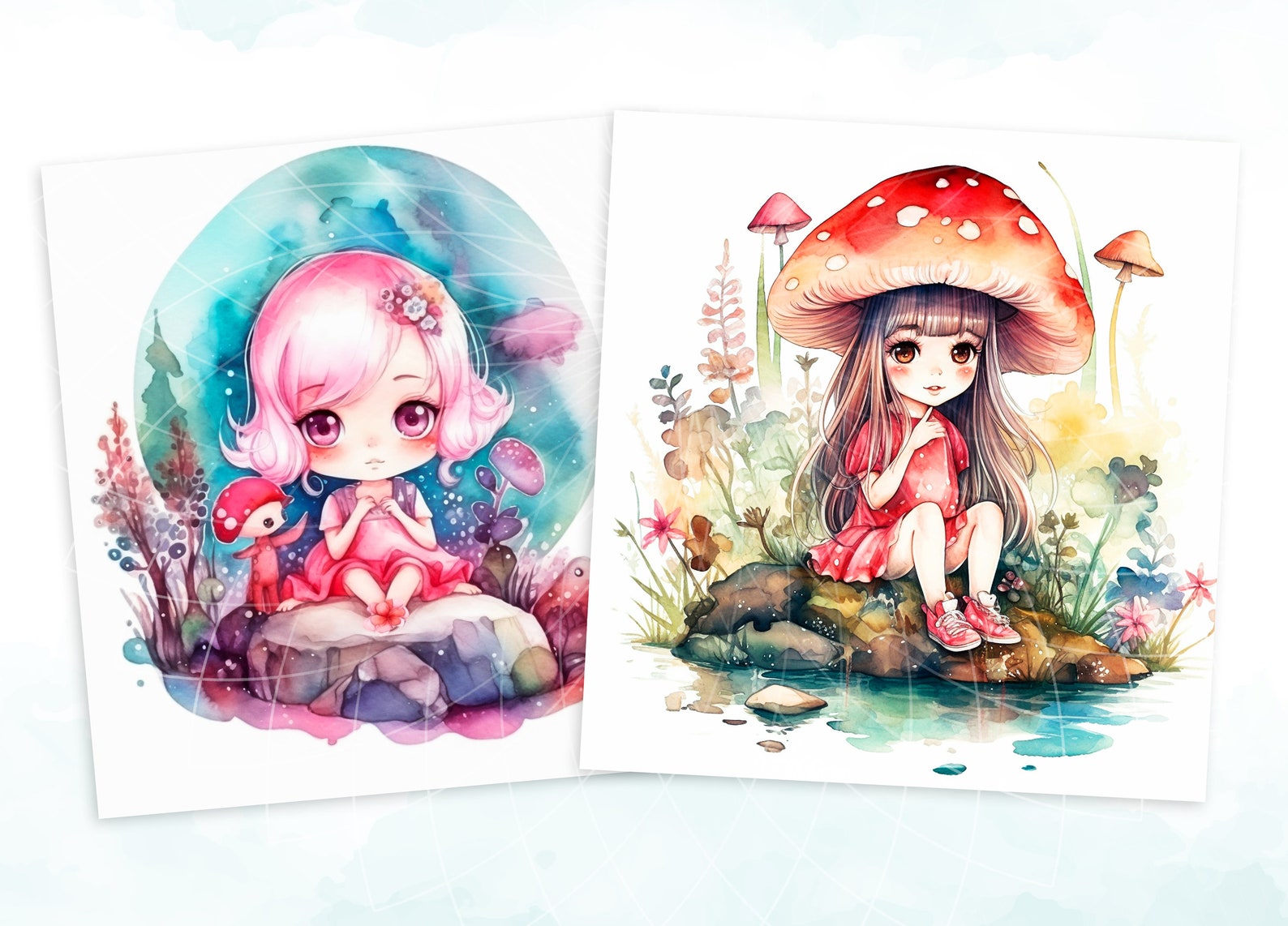Cute Chibi Fairy Clipart, Floral Magical Anime Girl Cartoon Watercolor ...