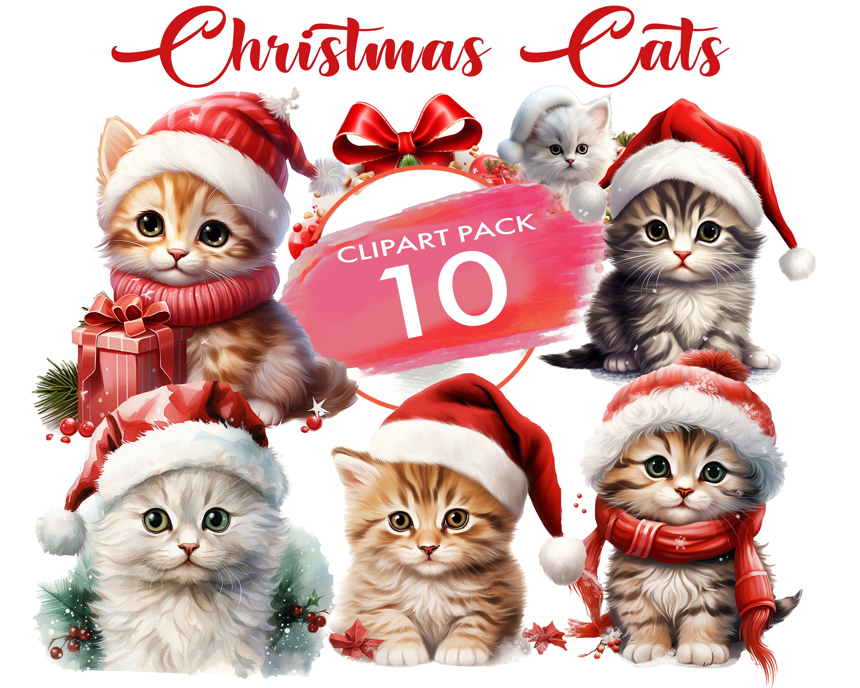 Christmas Cats Clipart Cats PNG Set Watercolor Festive Cozy Cat ...
