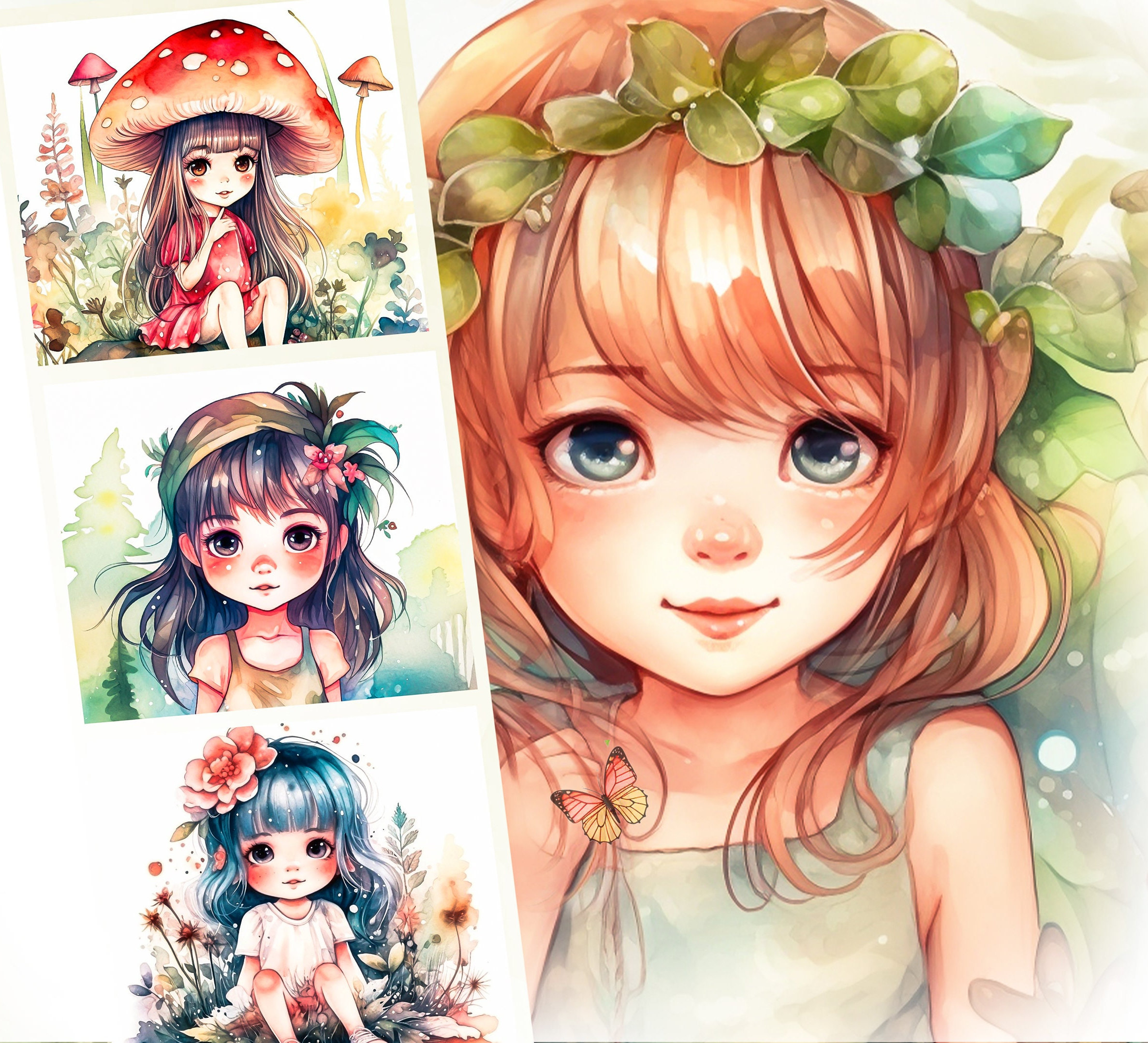 Cute Chibi Fairy Clipart, Floral Magical Anime Girl Cartoon Watercolor ...