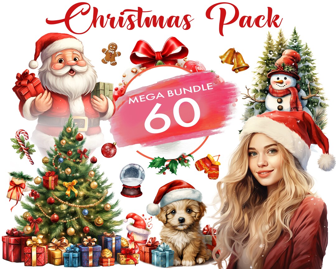 Christmas Clipart Mega Bundle Watercolor 60 PNG Festive Holidays Santa ...