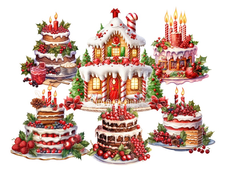 Christmas Cakes Watercolor Clipart Cake PNG Set Festive Holiday ...