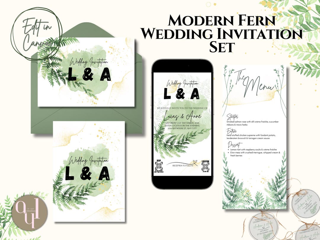 Fern Wedding Invitation Template Set | Greenery Canva Suite (digital ...