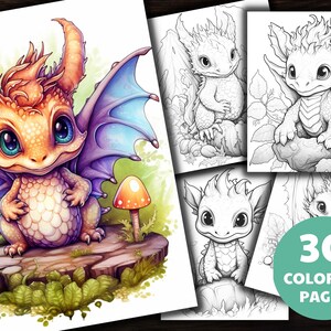 30 Baby Woodland Dragon Fantasy Coloring Page Book, Adults + Kids ...