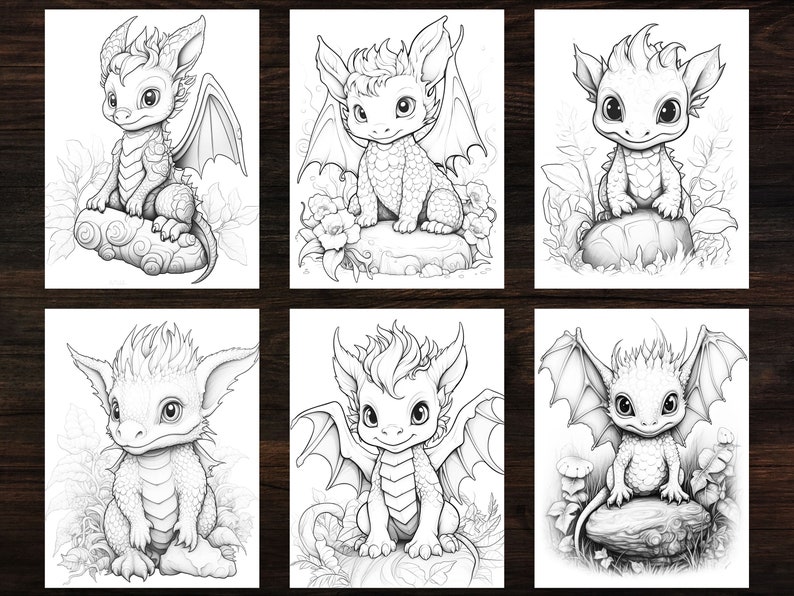 30 Baby Woodland Dragon Fantasy Coloring Page Book, Adults + Kids ...