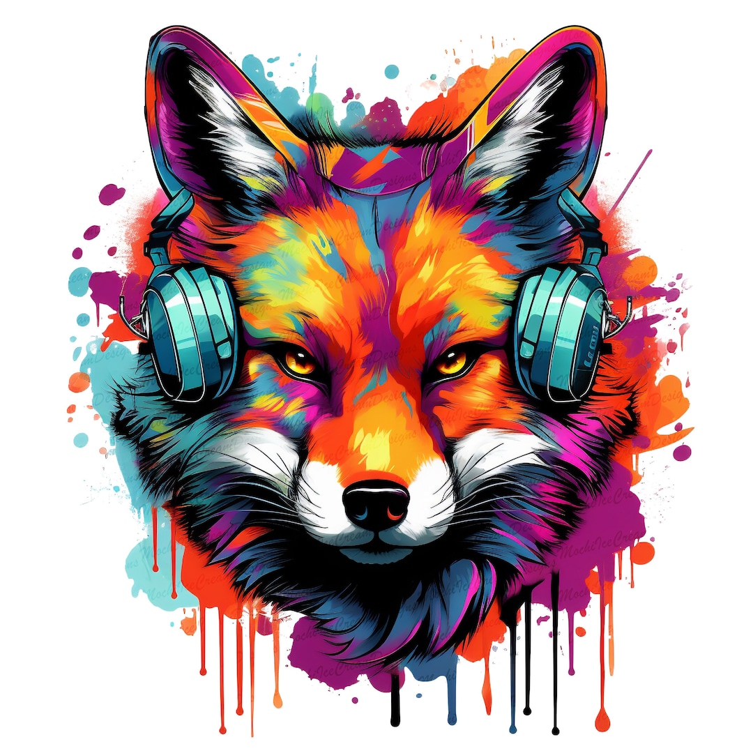 Hip Hop Fox PNG, Fox With Headphones Colorful Art Design PNG for ...