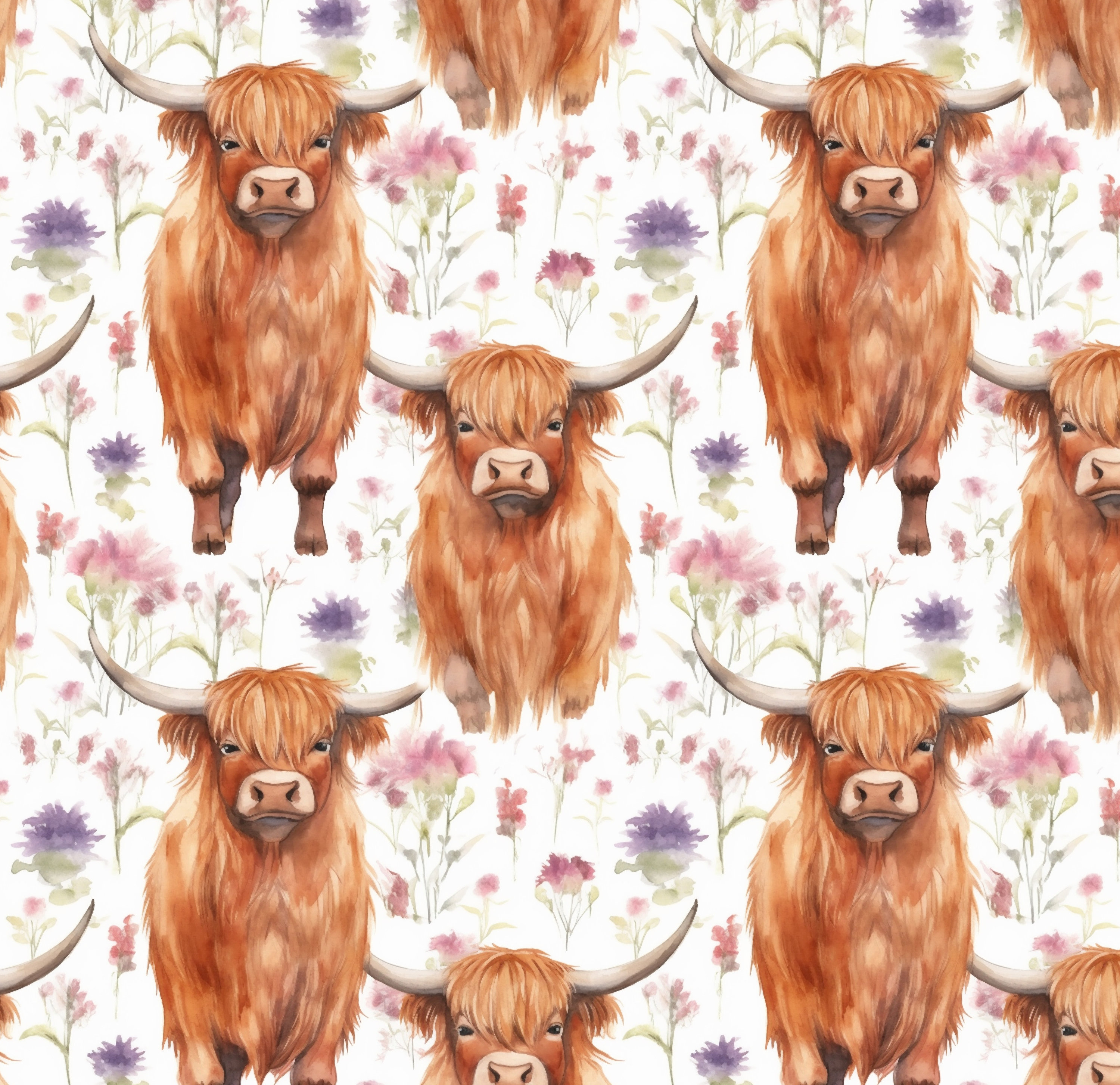 Highland Cow Floral Seamless Pattern, Charlotte Boho Floral Pattern for ...