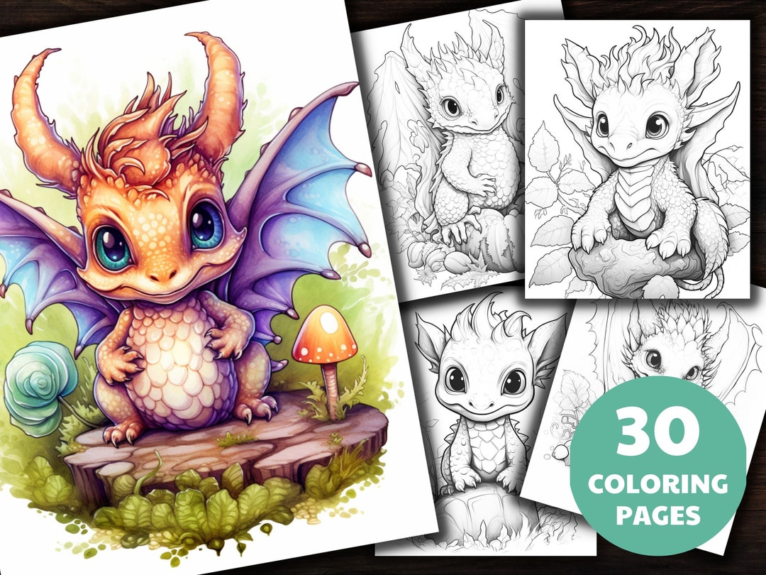 30 Baby Woodland Dragon Fantasy Coloring Page Book, Adults + Kids ...