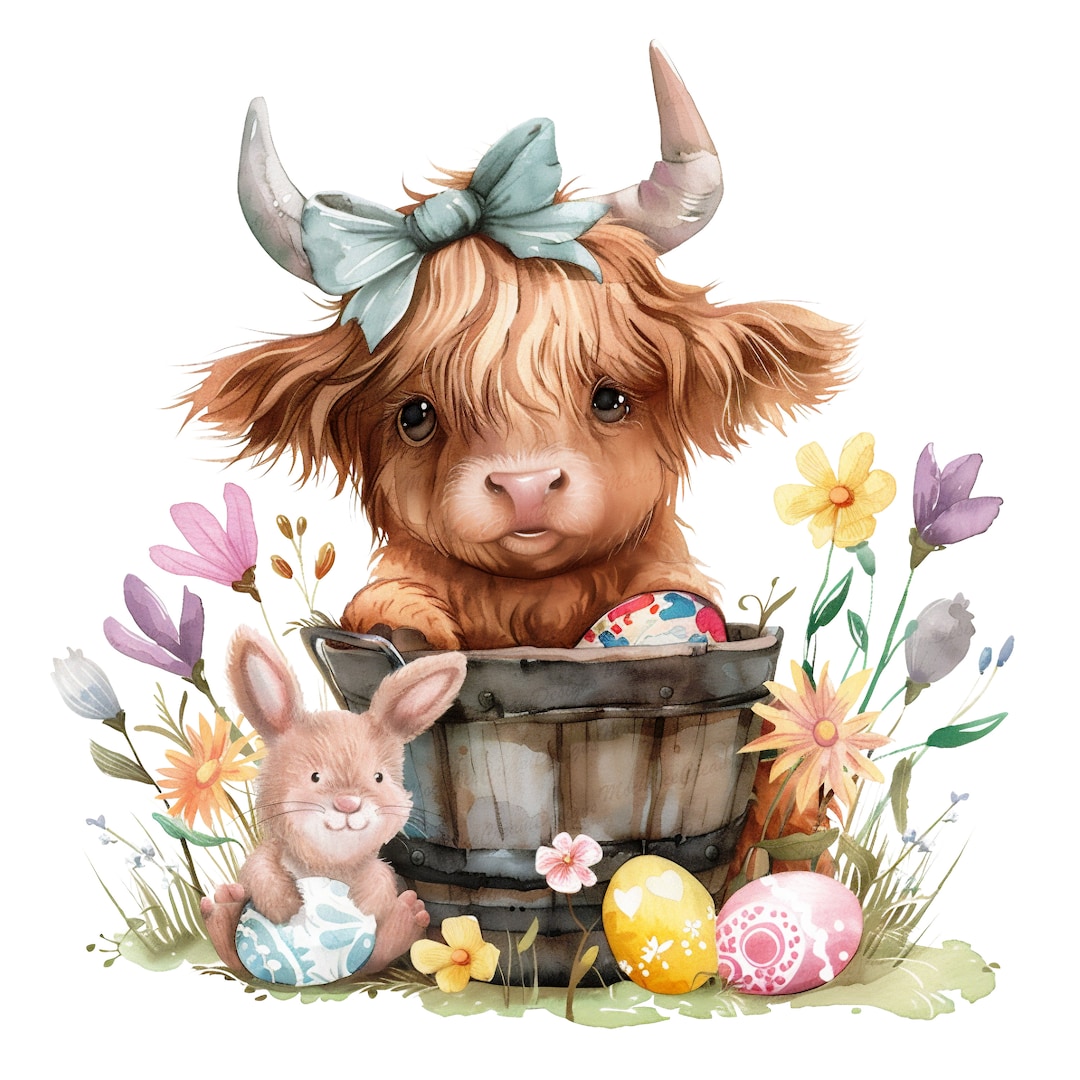 Easter Day Highland Cow PNG, Retro Easter Png, Easter Bunny Png, Happy ...