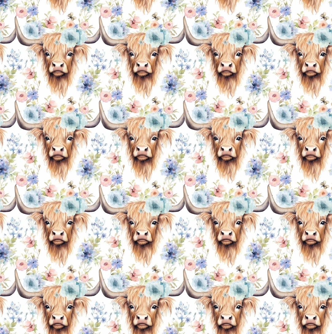 Highland Cow Floral Seamless Pattern, Charlotte Boho Floral Pattern for ...