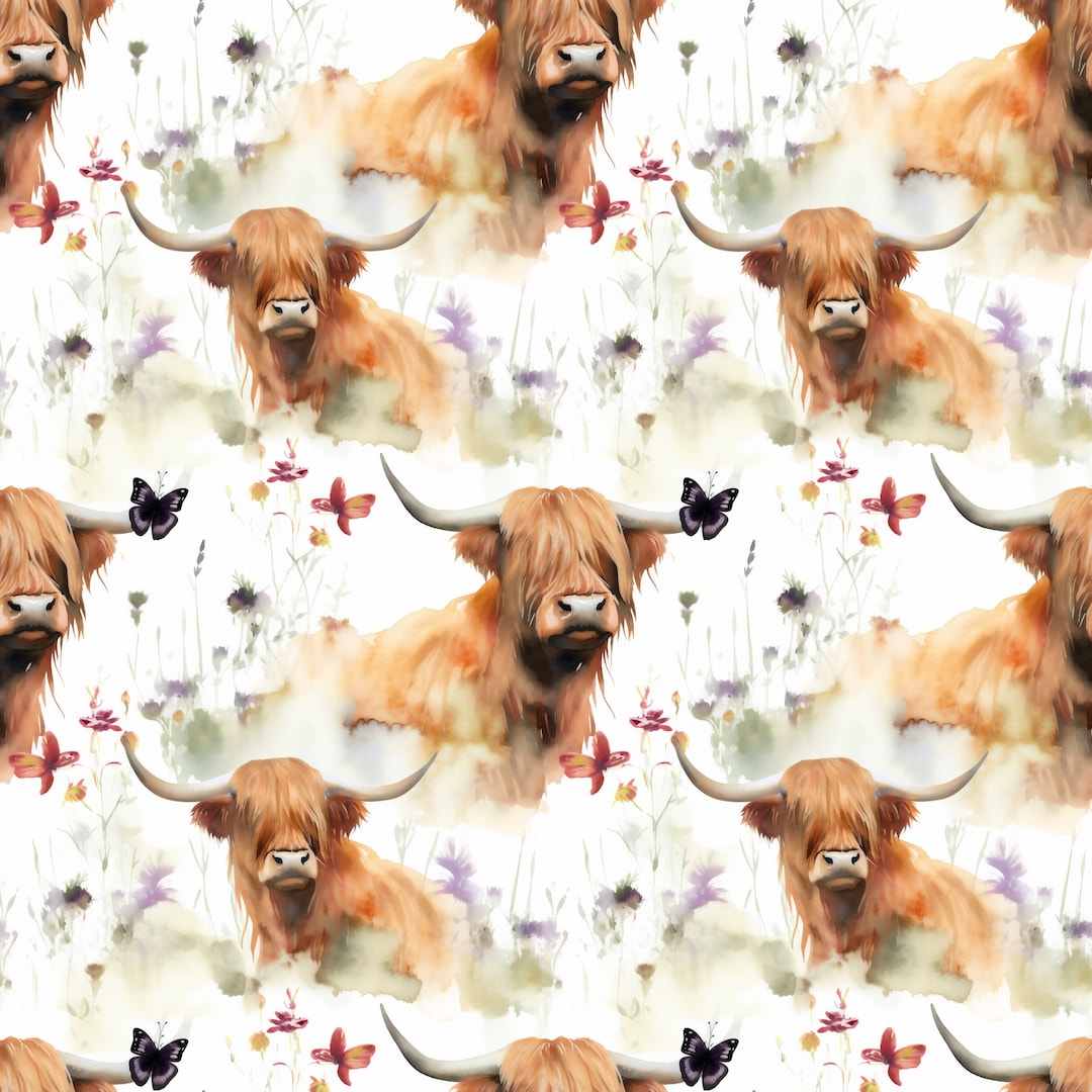 Highland Cow Floral Seamless Pattern, Charlotte Boho Floral Pattern for ...