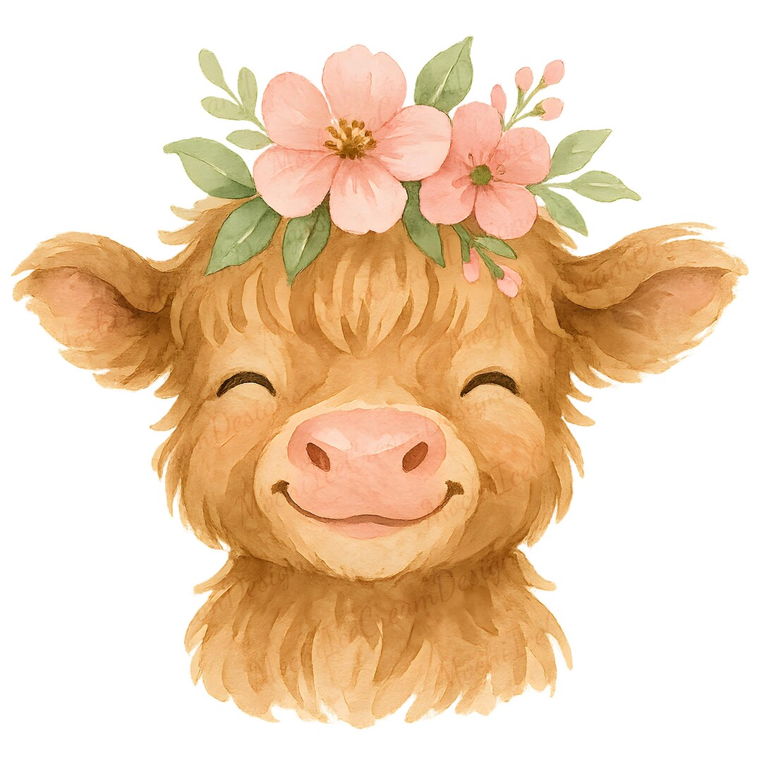 Highland Cow With Flowers [PNG] Digital Download, Baby Highland Cow ...