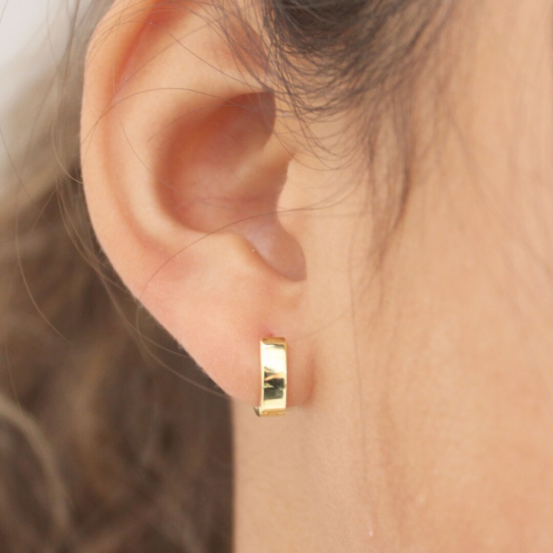Small Wide Gold Hoop Huggies - Simple Thick Gold Huggie Hoops, Tiny ...