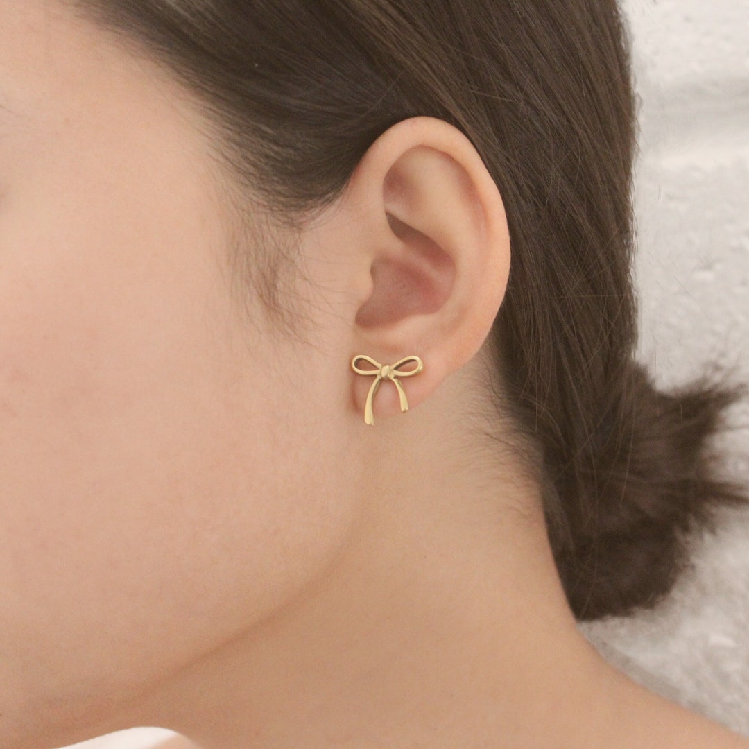 Bow Gold Earrings - Dainty Bow Gold Stud Earrings, Beautiful Bow Gold Earrings, Simple Bow Gold ...