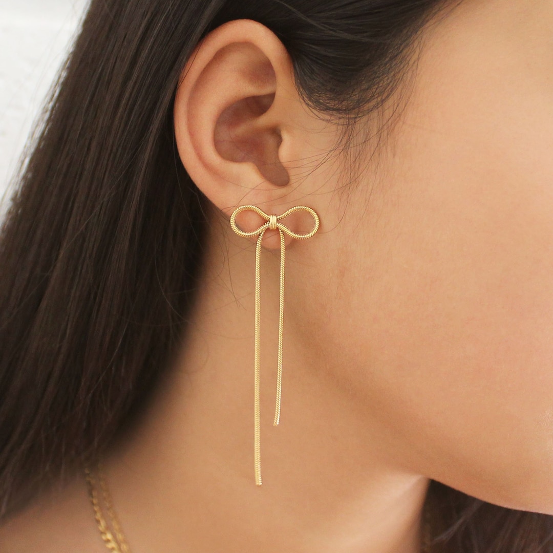 Ribbon Dangle Gold Earrings - Herringbone Long Dangle Ribbon Stud ...