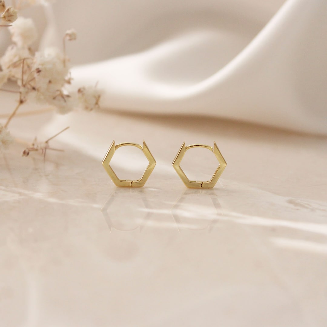 Mini Hexagon Gold Hoop Huggies - Simple Hexagon Hoop Huggies, Dainty ...