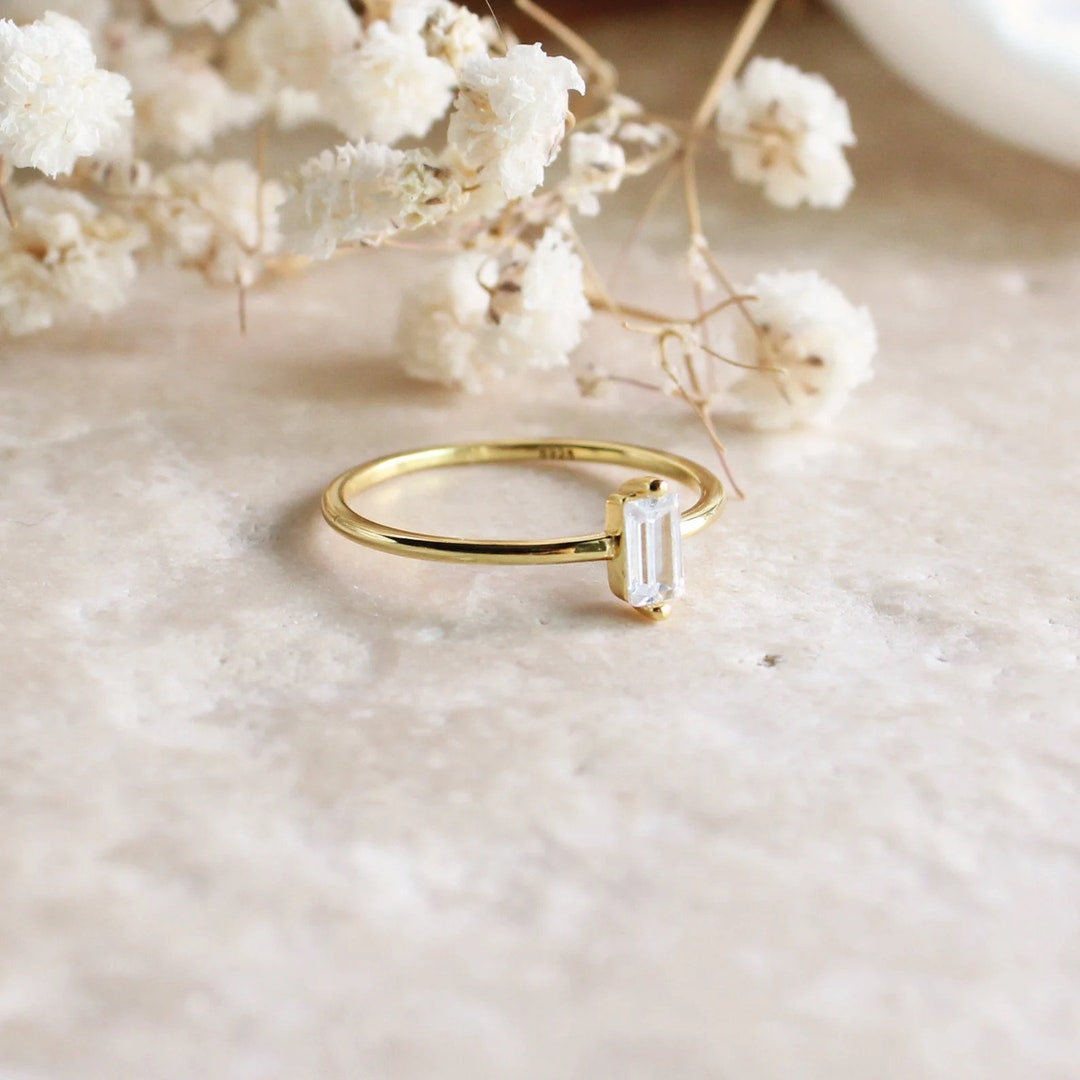 CZ Emerald Diamond Cut Gold Ring - Gold Baguette Cubic Zirconia Gold ...