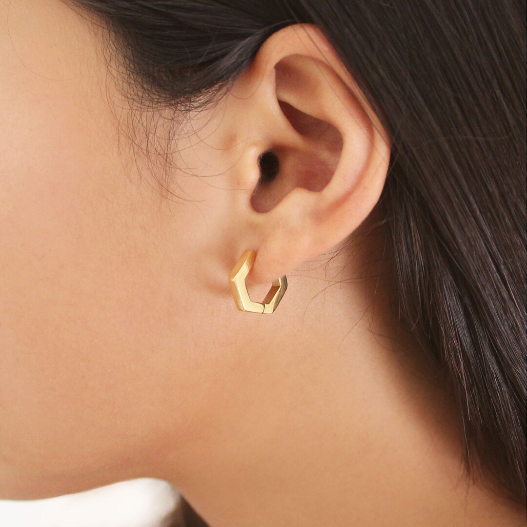 Thick Hexagon Hoop Huggies - Geometric Gold Hoop Huggies, Tarnish Free ...