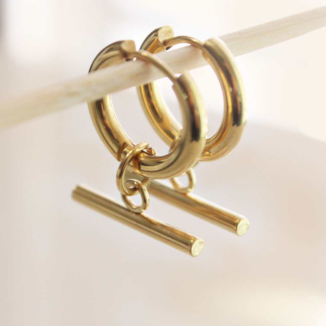 Dangle Modern Gold Hoops - Bar Dangle Hoops, Horizontal Bar Dangle Gold ...