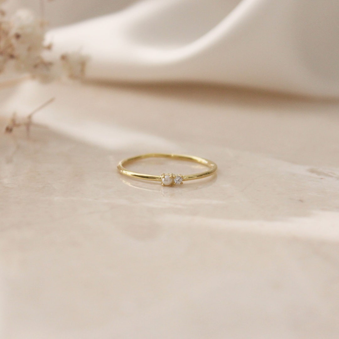Wendy Ring Small Pearl and CZ Diamond Gold Ring Dainty Tiny Pearl and CZ Diamond Ring Birthstone ...
