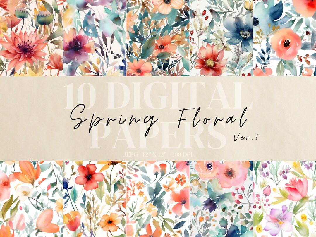 Spring Floral Digital Paper Ver.1 Printable Digital Paper Watercolor ...