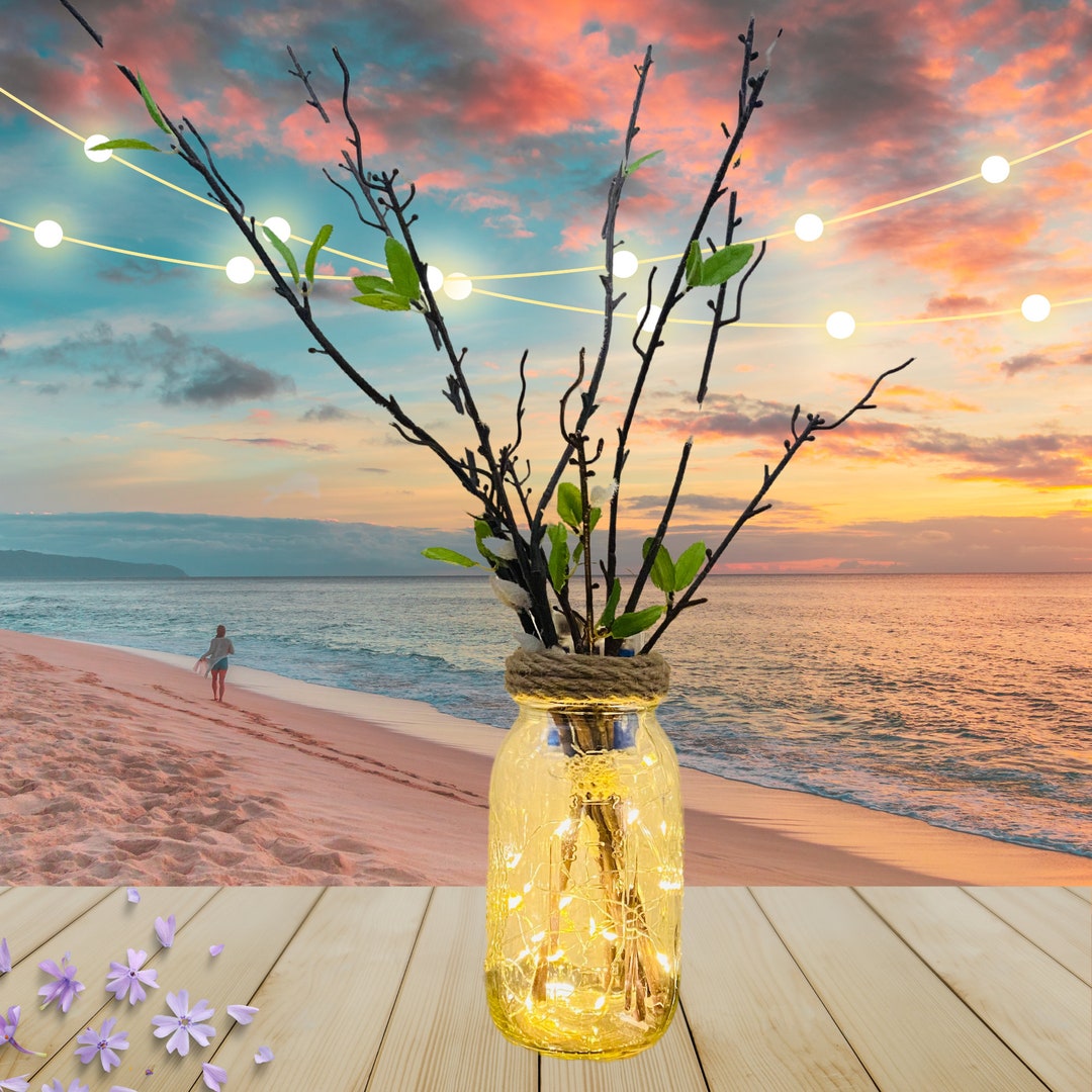 Mason Jar Center Piece With Fairy Lights and Pussywillow Flowers - Etsy