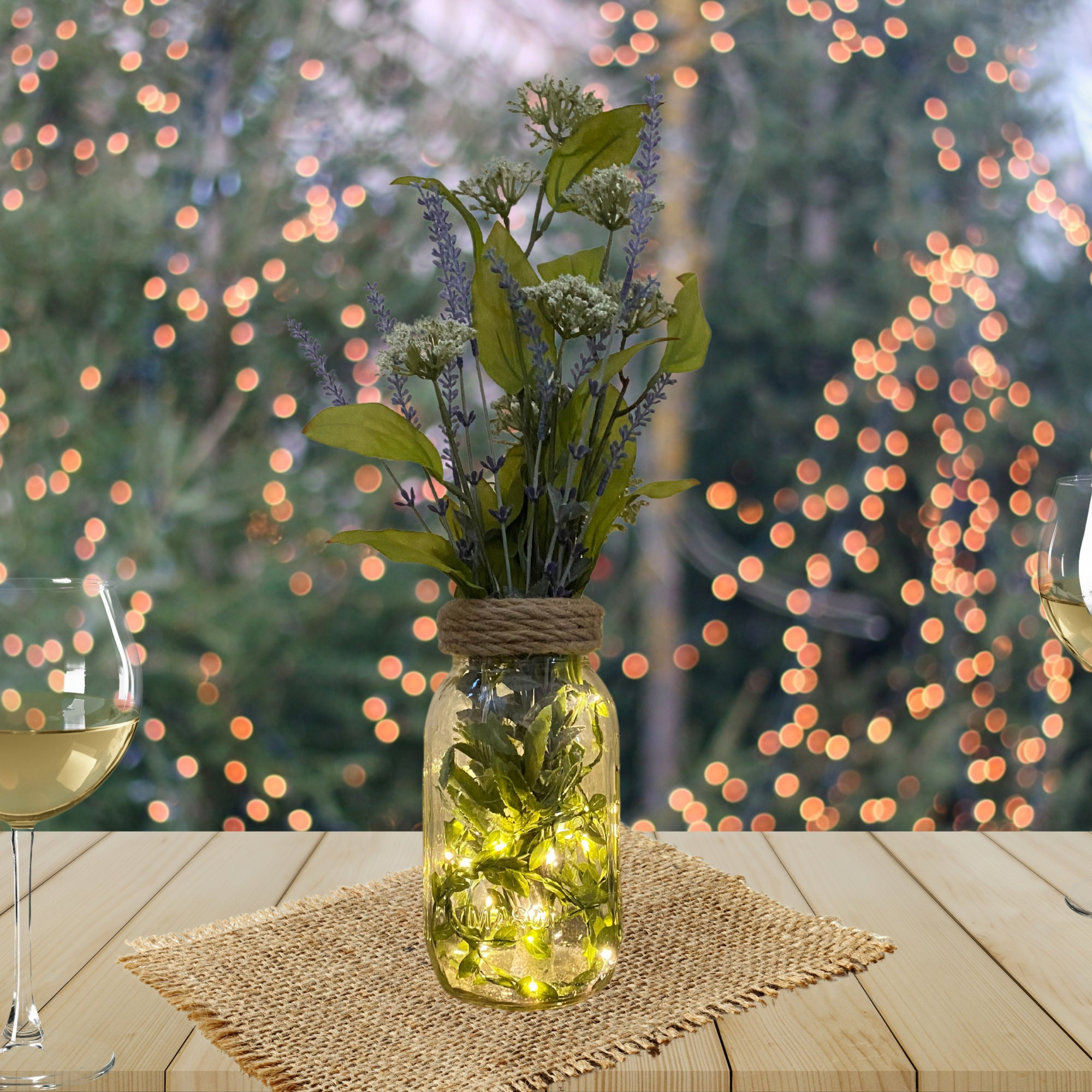 Mason Jar Center Piece With Fairy Floral Garland and Lavender and Wild ...