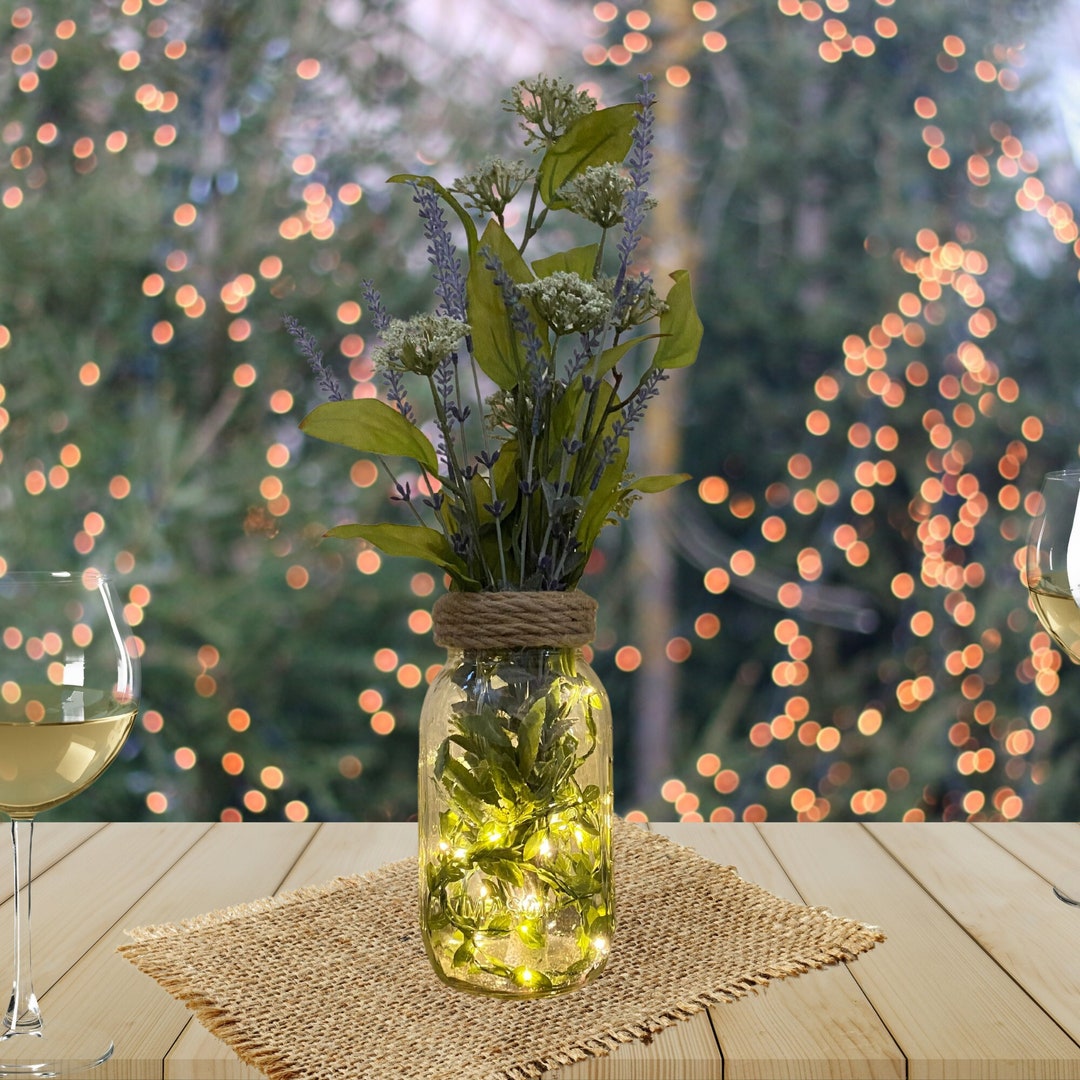 Mason Jar Center Piece With Fairy Floral Garland and Lavender and Wild ...