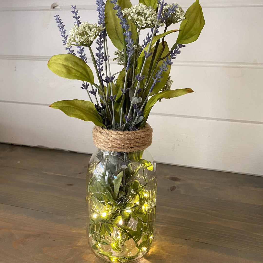 Mason Jar Center Piece With Fairy Floral Garland and Lavender and Wild ...