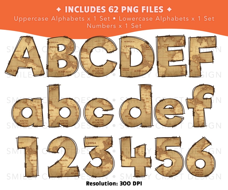 Vintage Map Doodle Alphabet, Map Alphabet, Letters PNG Bundle, Hand ...