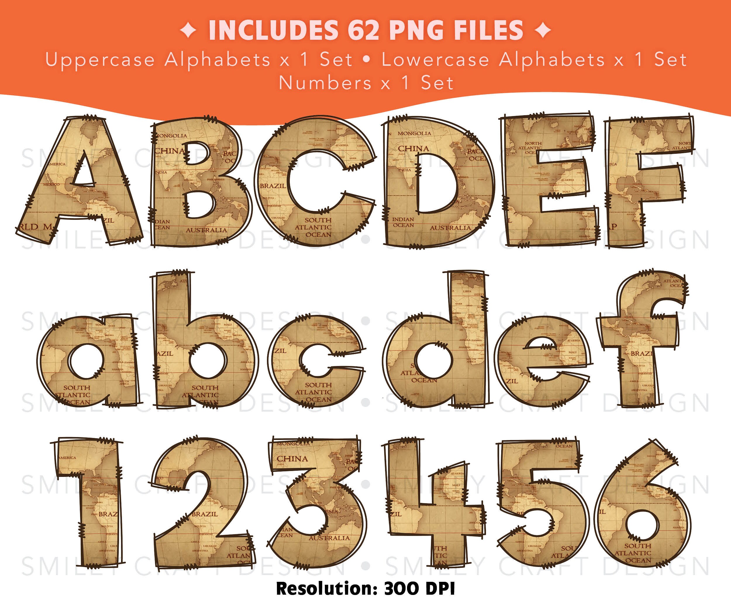 Vintage Map Doodle Alphabet, Map Alphabet, Letters PNG Bundle, Hand ...