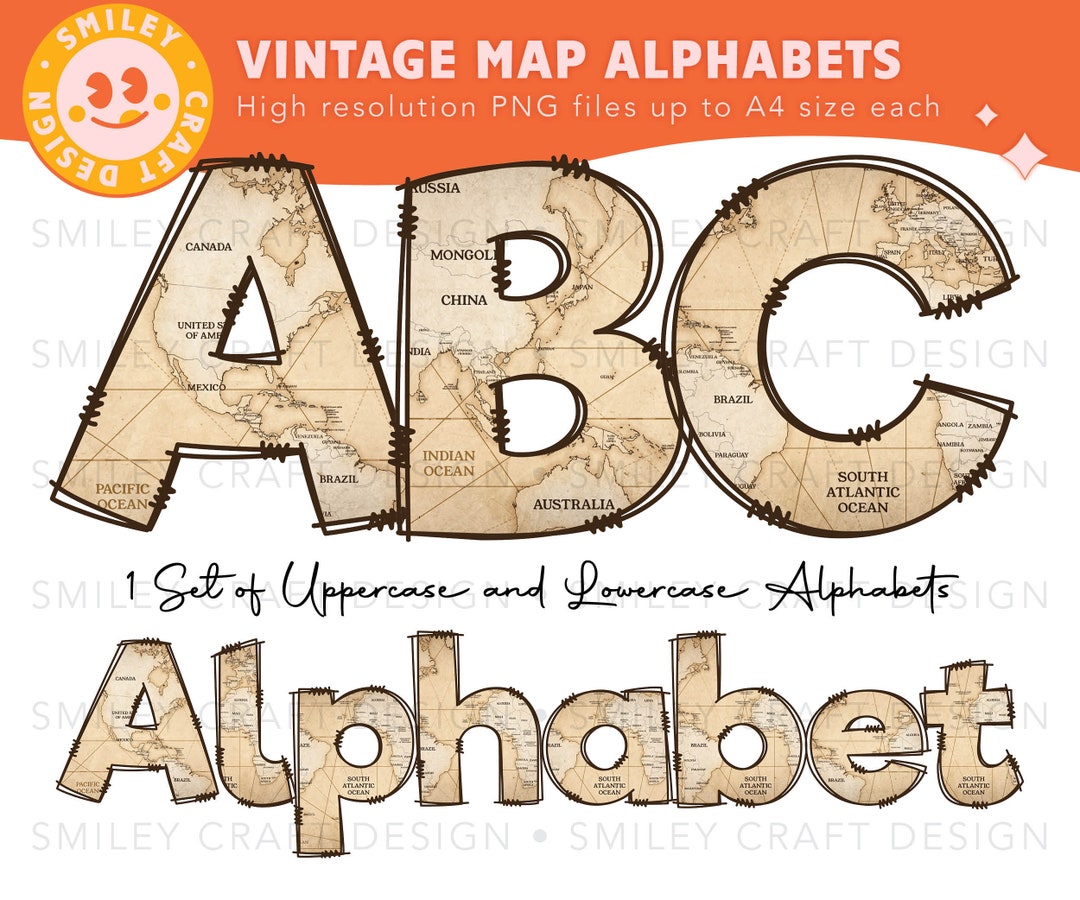 Vintage Map Doodle Alphabet, Map Alphabet, Letters PNG Bundle, Hand ...