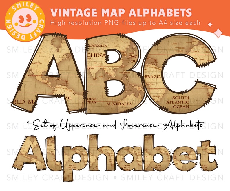 Vintage Map Doodle Alphabet, Map Alphabet, Letters PNG Bundle, Hand ...