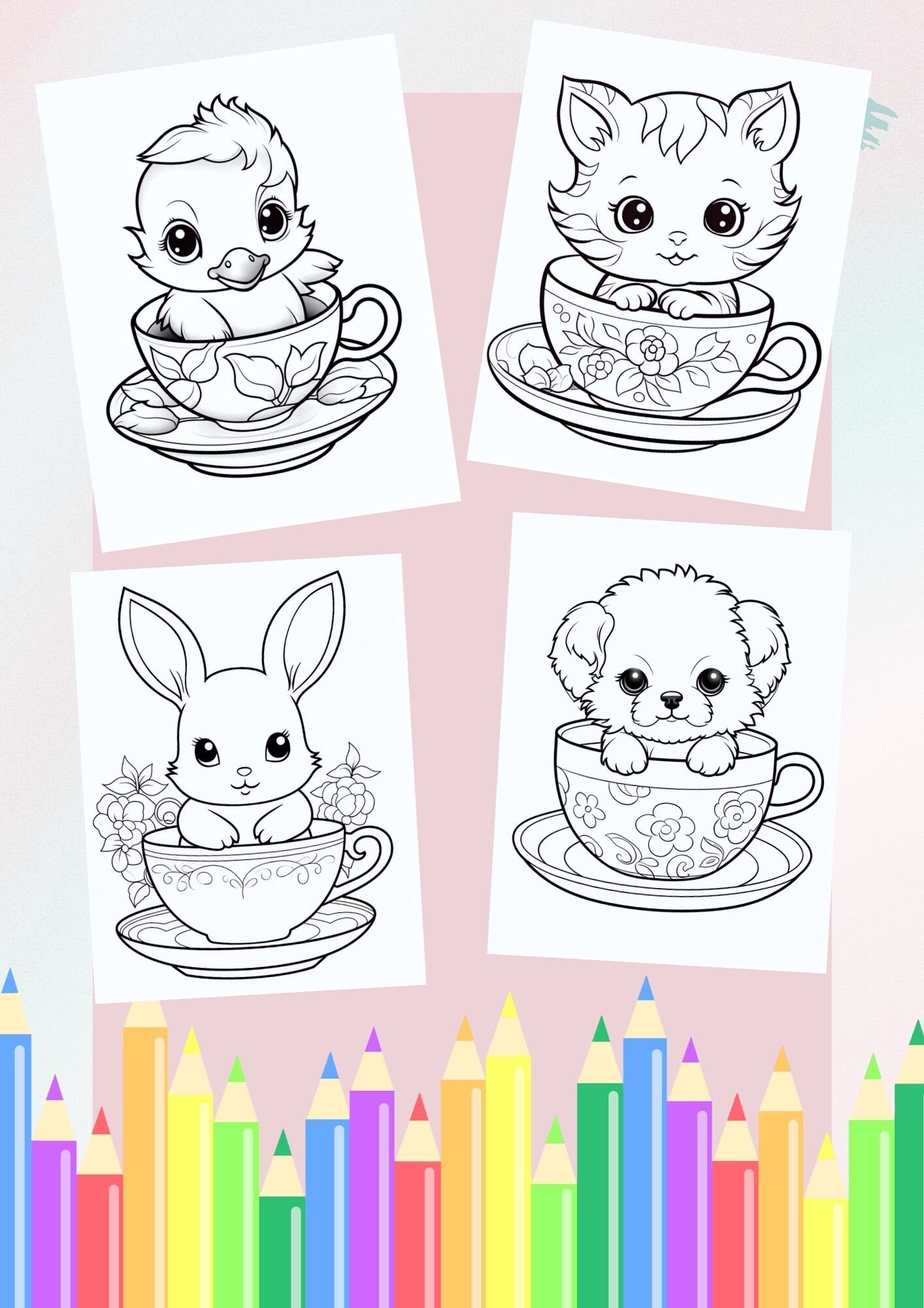 Cute Cat, Duck, Rabbit, and Dog in a Teacup Coloring Book for Kids ...