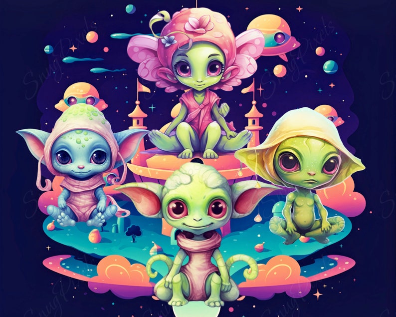 Fairy Tale Aliens Digital Clipart Pack PNG Cute Characters & Galactic ...