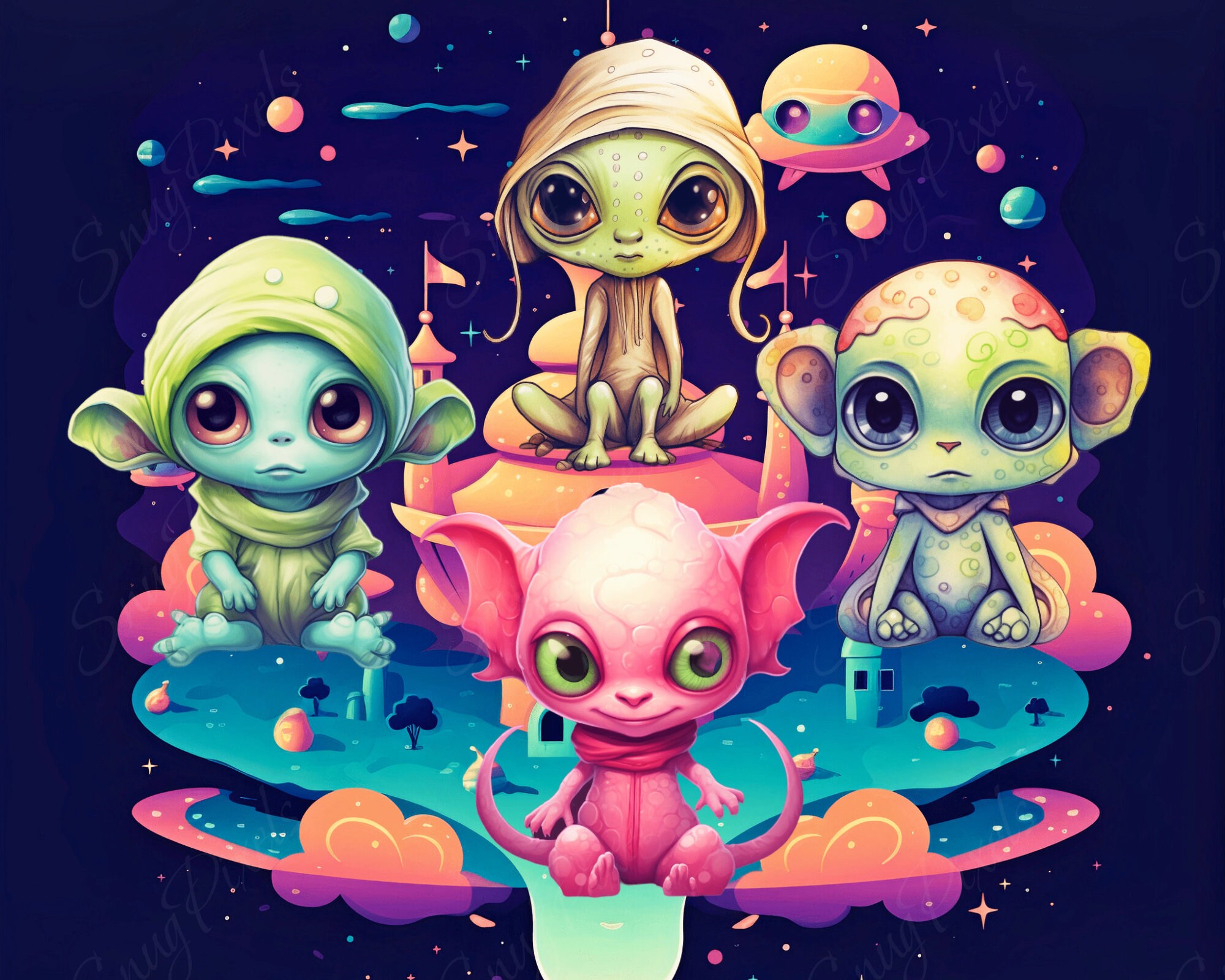 Fairy Tale Aliens Digital Clipart Pack PNG Cute Characters & Galactic ...