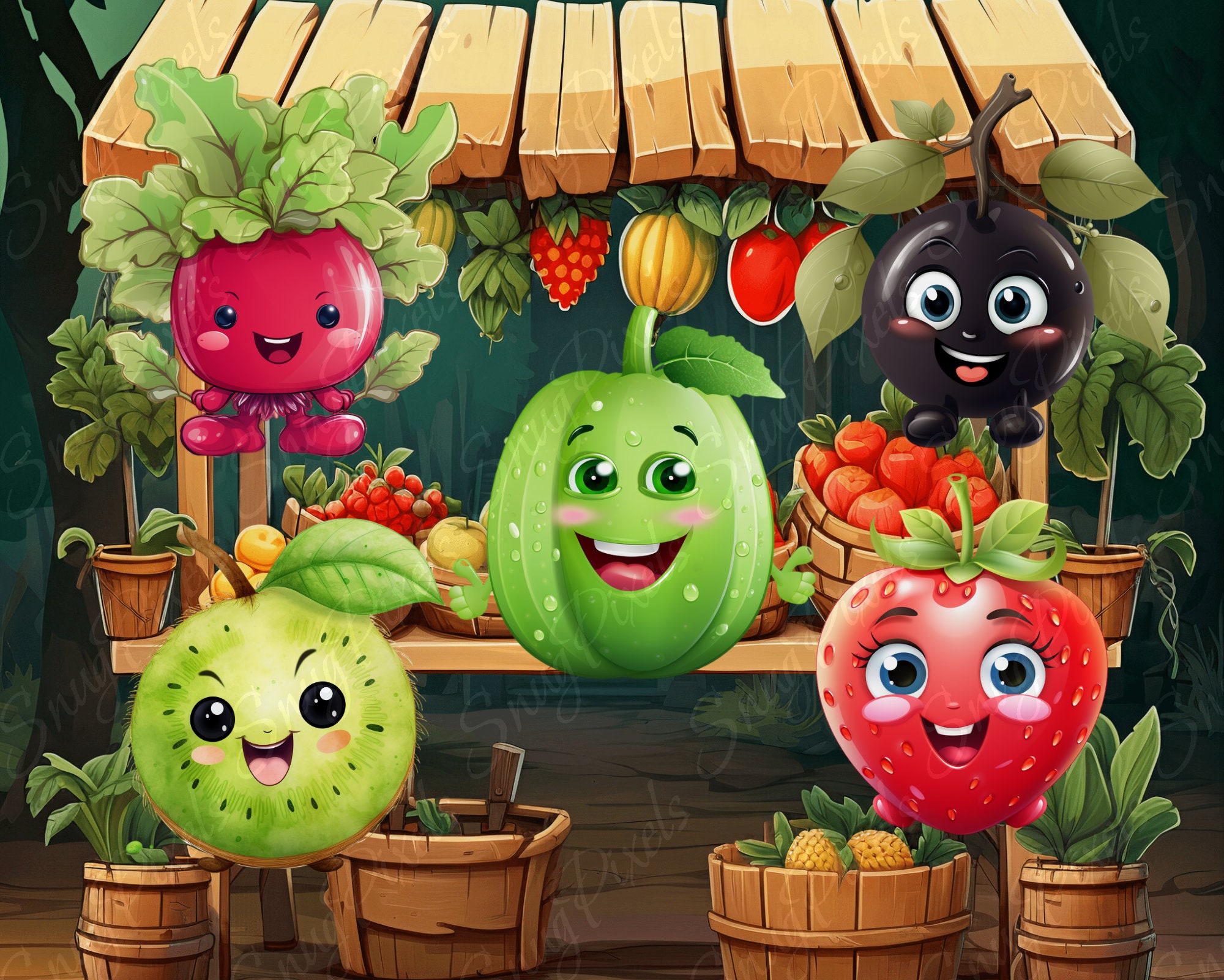 Cute Fruits & Vegetables Clipart Pack Whimsical PNG Designs, Magical ...