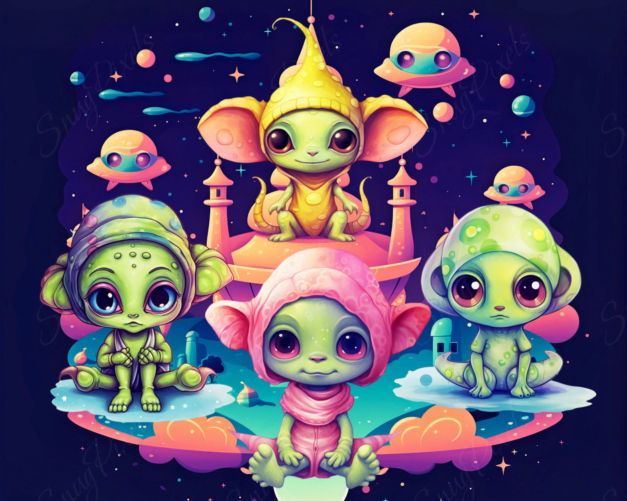 Fairy Tale Aliens Digital Clipart Pack PNG Cute Characters & Galactic ...