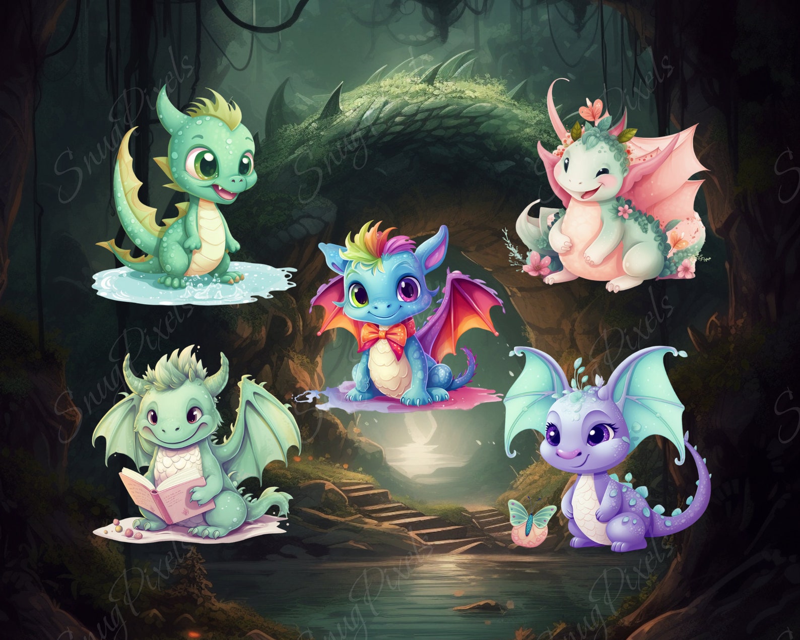 Mythical Dragons Digital Clipart Pack PNG Cute Characters & Enchanting ...