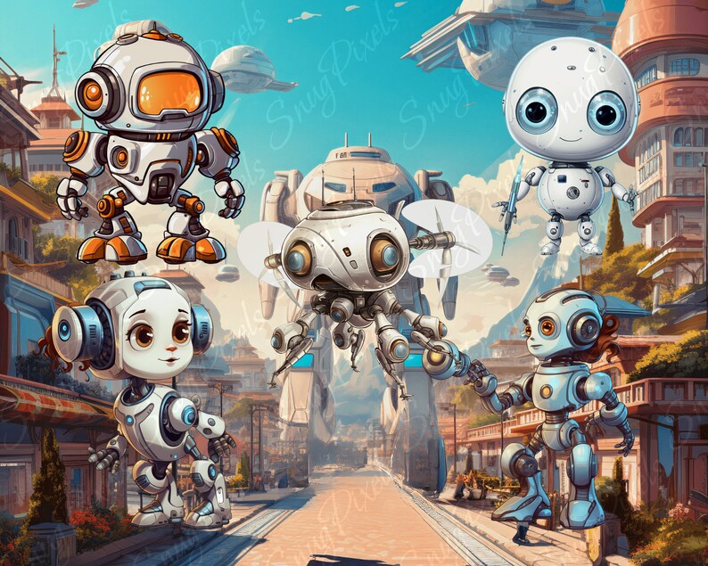 Fantasy Robot Clipart Pack Futuristic & Sci-fi Town, Space Robots Art ...